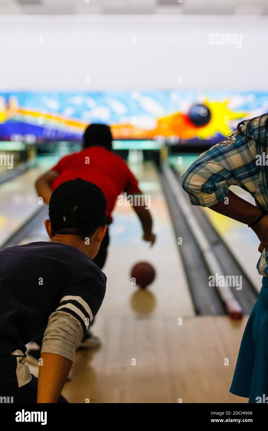 School children playing bowling Stock Photo - Alamy