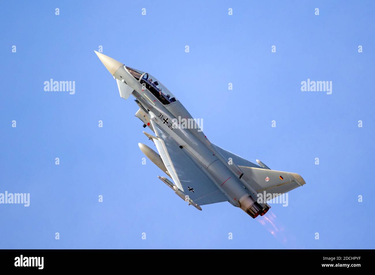 German Air Force Eurofighter Typhoon fighter jet in flight. Norvenich ...