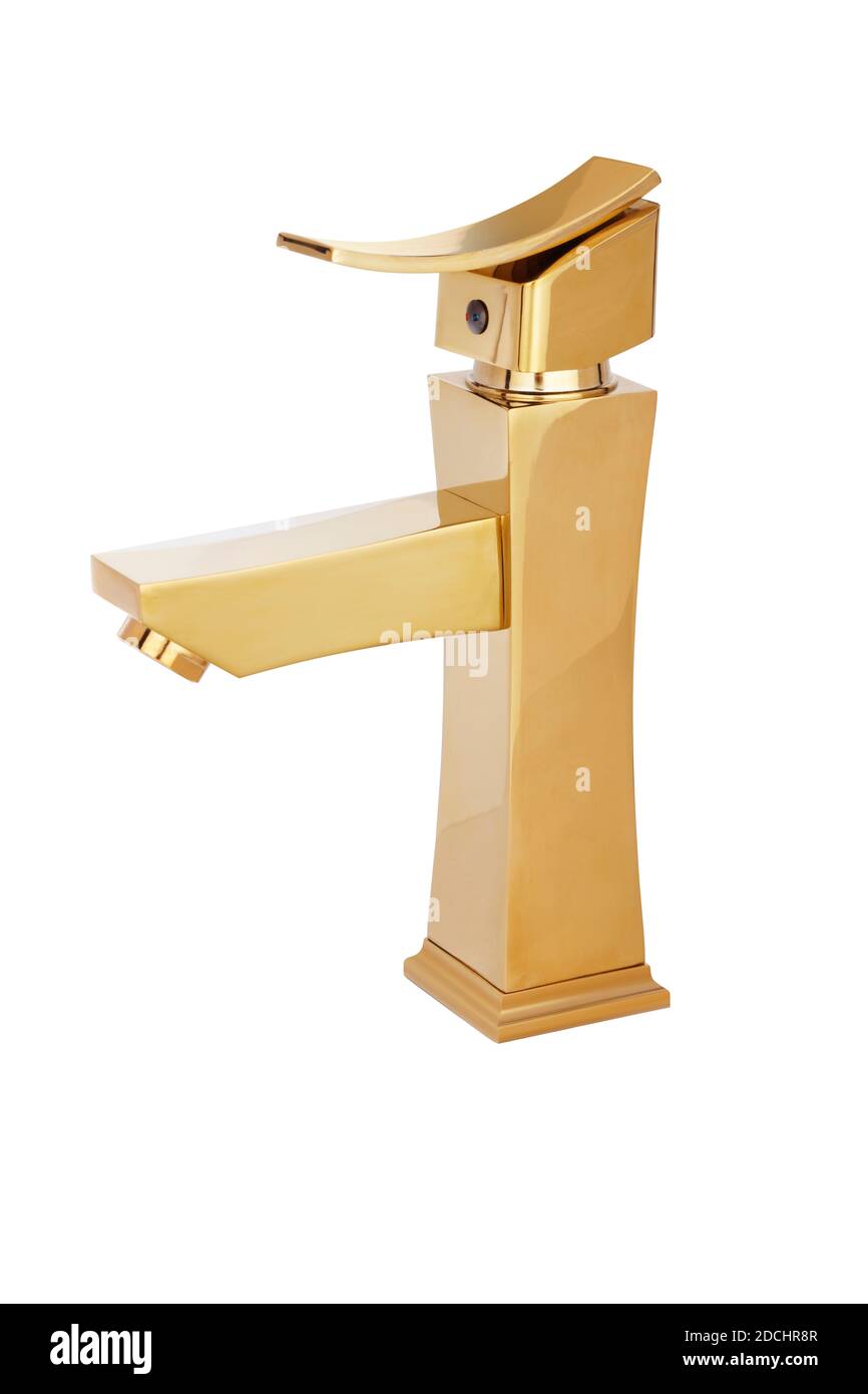 Shiny golden steel water faucet on white background Stock Photo - Alamy