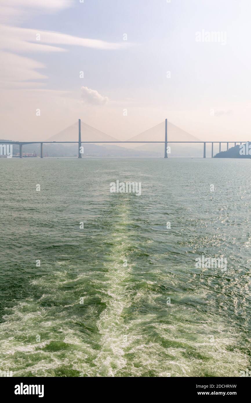 View of suspension bridge over Yangtze River at Wanzhou, Chongqing ...