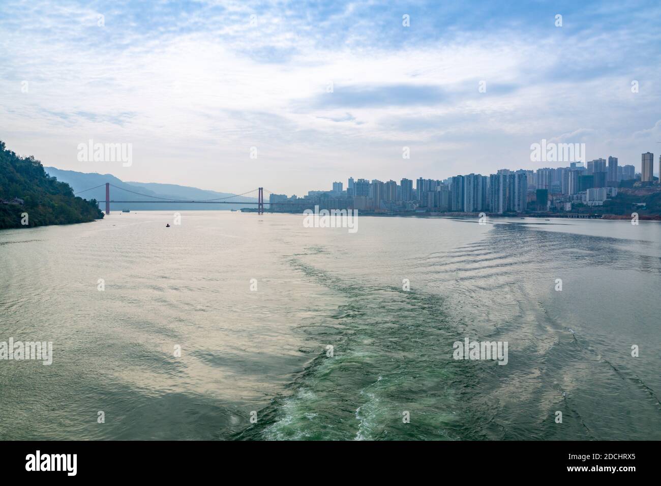 View of suspension bridge over Yangtze River near Wanzhou, Chongqing ...