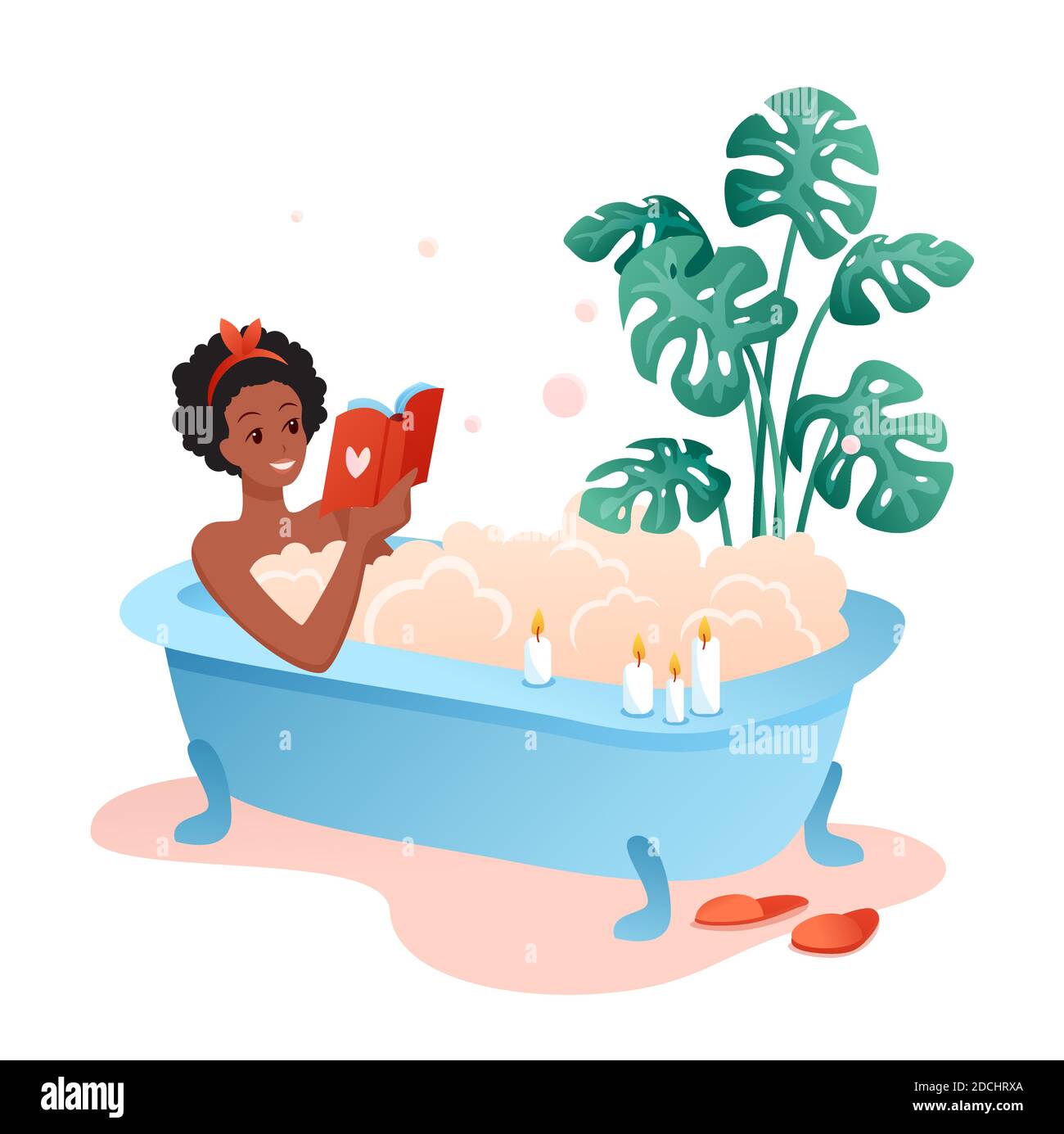 Bath time flat vector illustration, cartoon happy young woman character ...