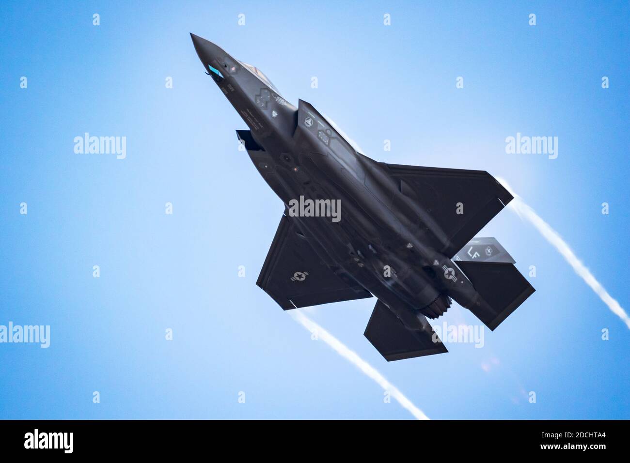 US Air Force F-35 fighter jet plane in flight over RAF Fairford. UK ...