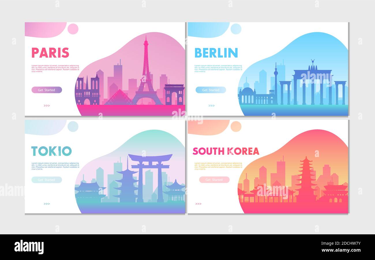 Travel tourism concepts set, cartoon cityscape with famous architecture ...