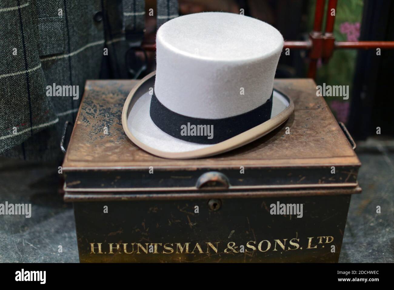 United Kingdom /London /Savile Row/ white top hat at the Huntsman , No ...