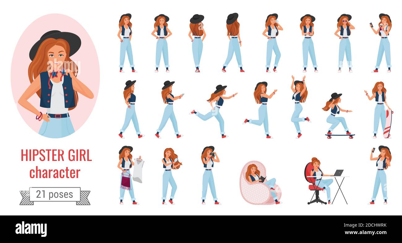 Hipster girl poses vector illustration set. Cartoon pretty female ...
