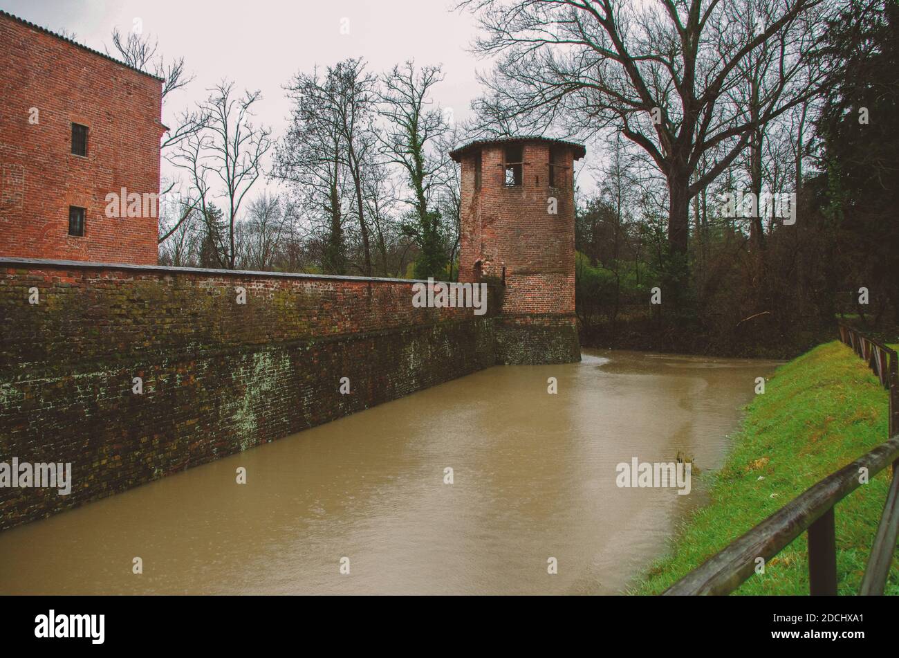 medieval castle moat flooded after a period of heavy rain.Legnano ...