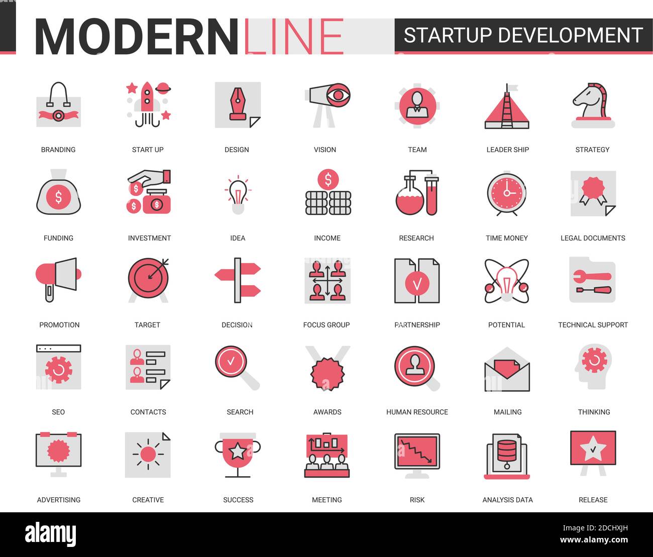 Business startup development technology red black flat line icon vector ...