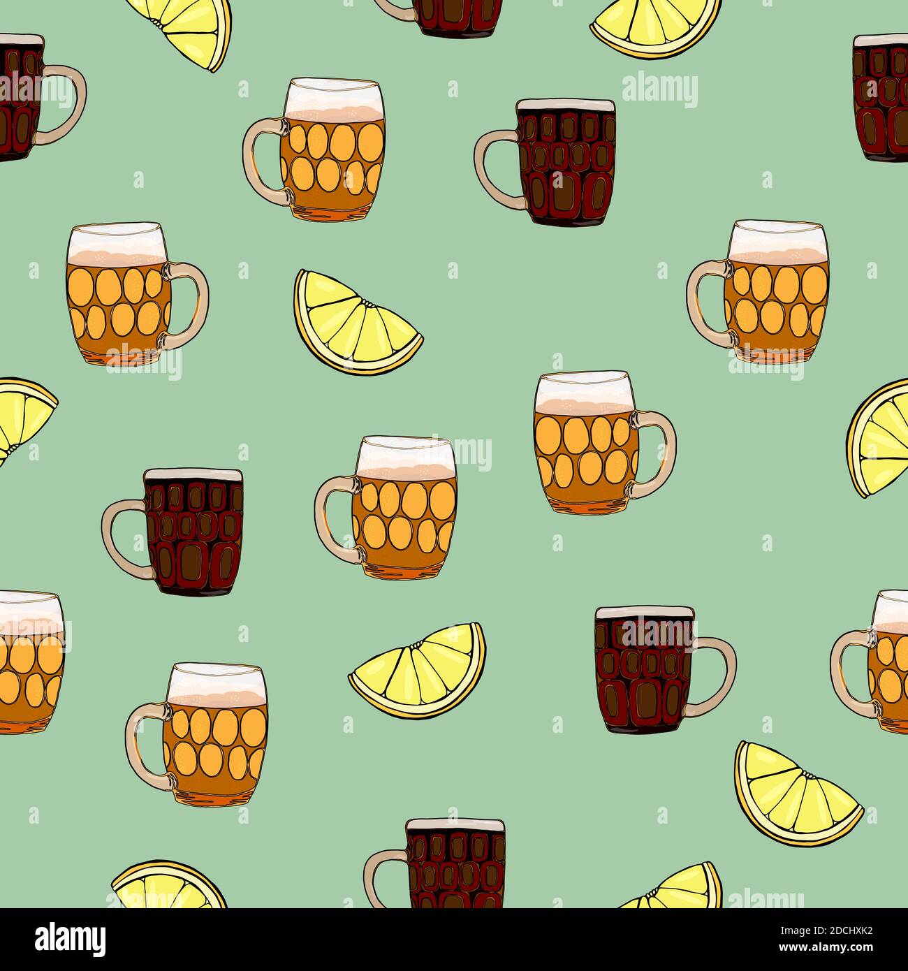 Lager set with snacks. Hand drawn cartoon style illustration. Beverage ...