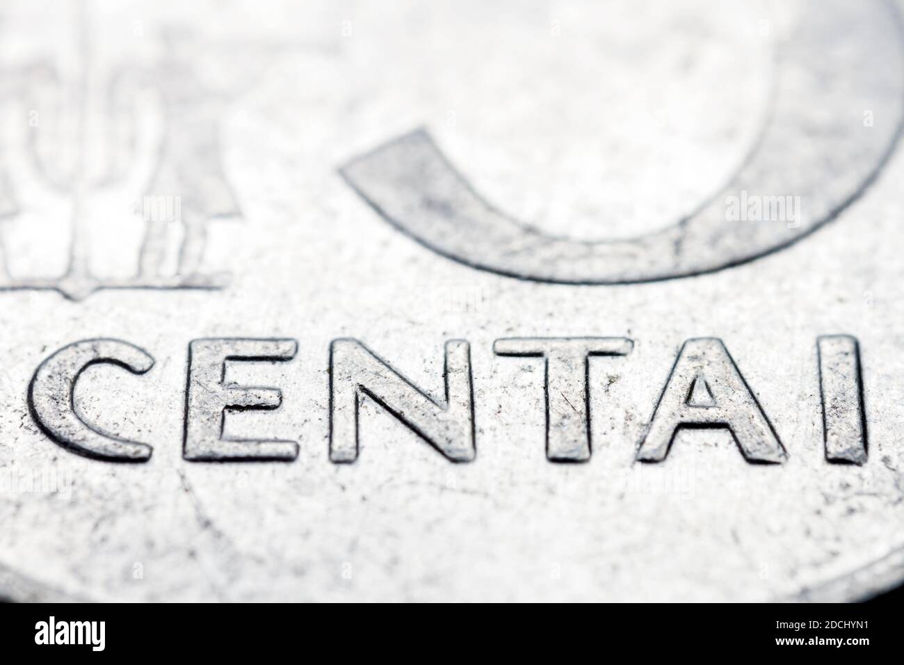 Obsolete Lithuanian 5 cent coin macro detail with Centai word ...