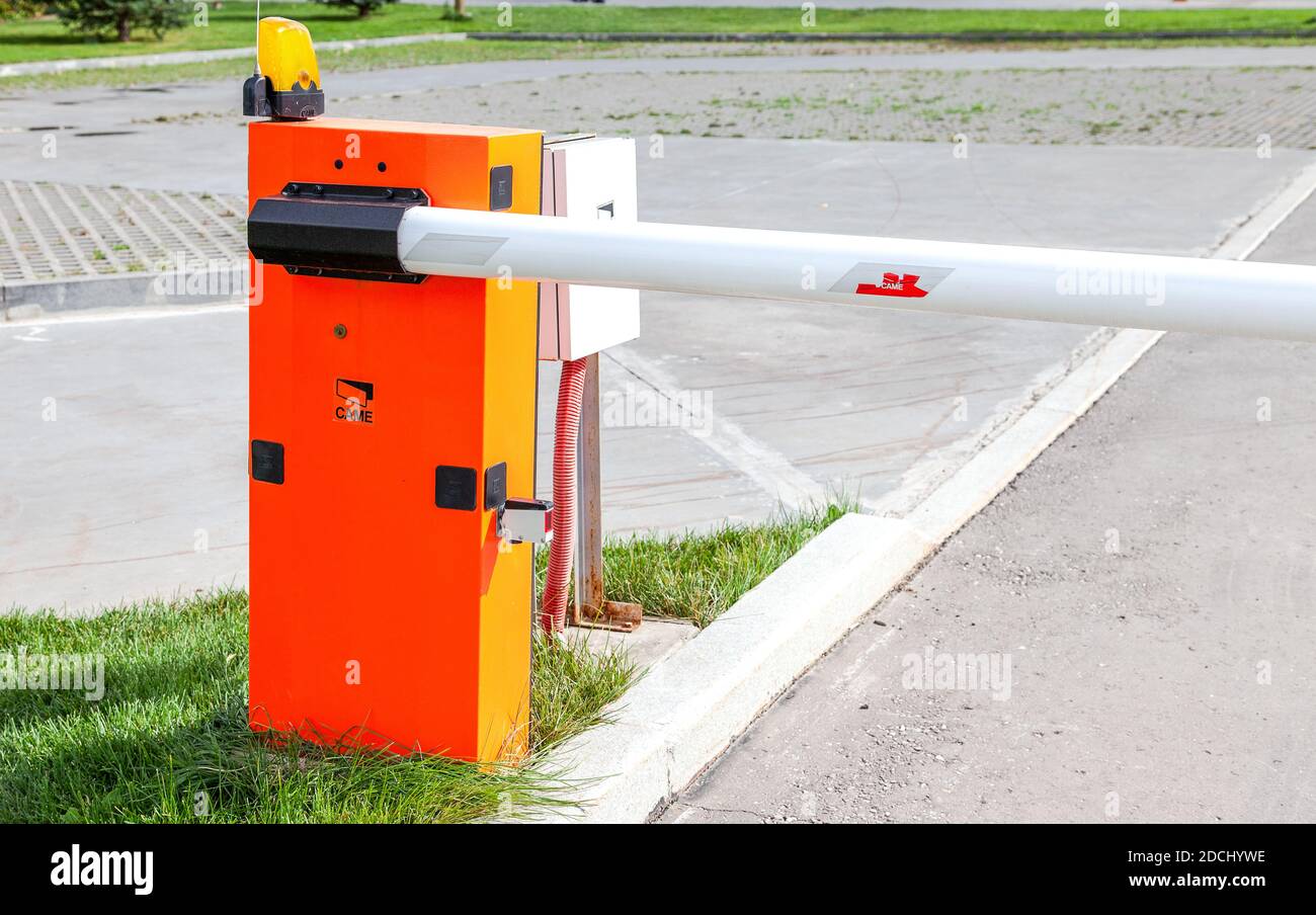 Automatic Rising Arm Barrier For Entry Or Stop Traffic. Boom Barrier