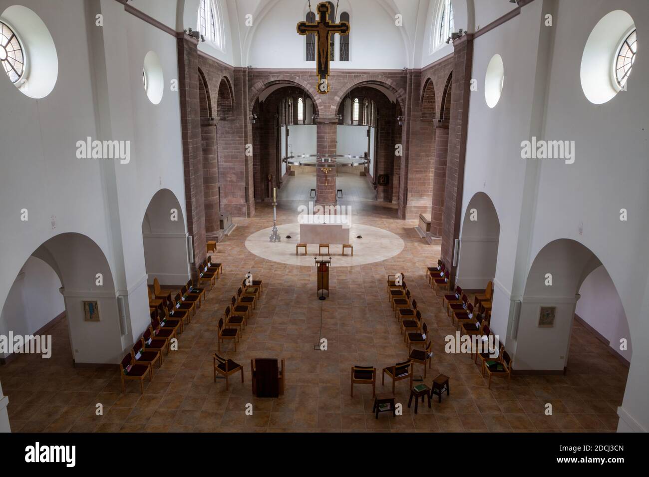 Interior view of the font and nave of the church at the College of the ...