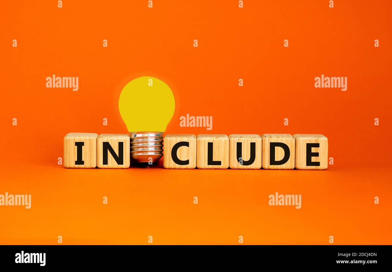 Symbol for a better inclusion. Wooden cubes with word 'include'. Yellow ...