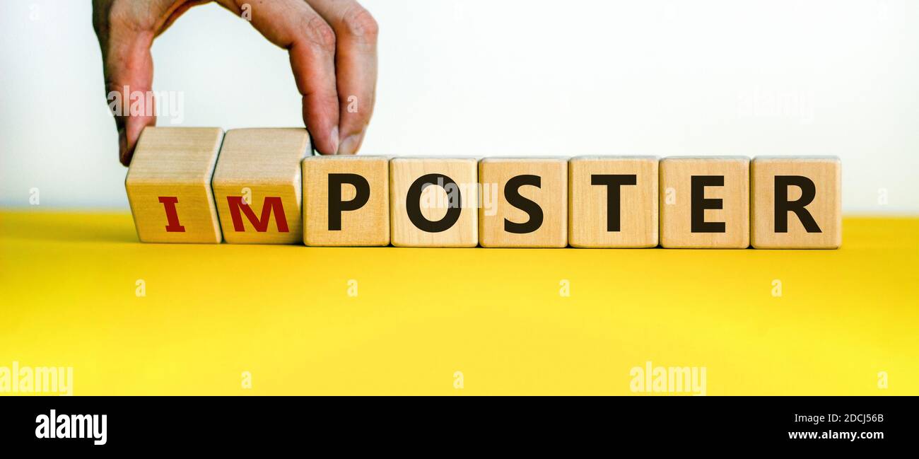 Male hand turns cubes and changes the expression 'imposter' to 'poster ...