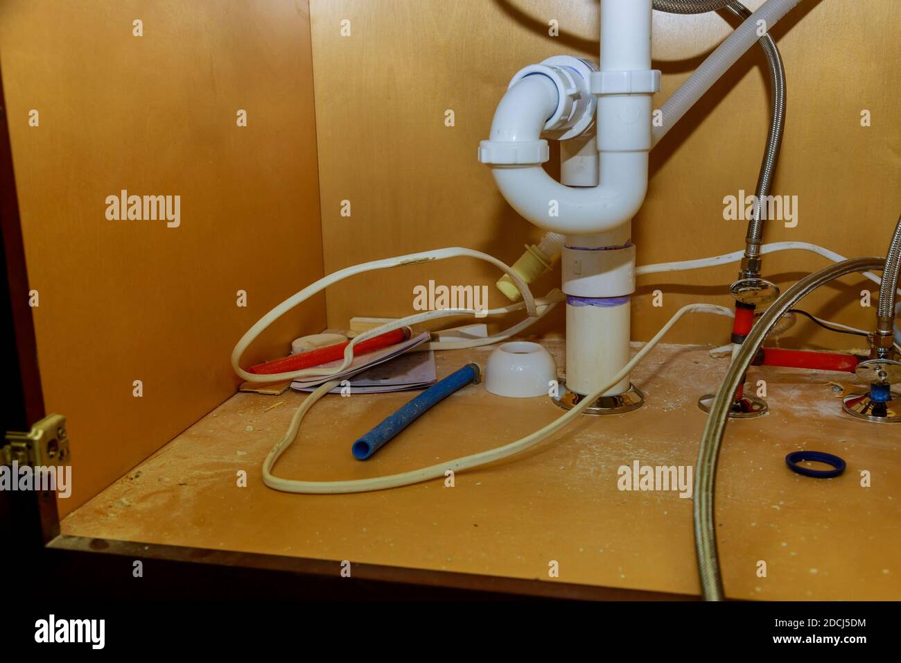 Plumbing repair assemble sewer drain of a sink plumber tools equipment ...