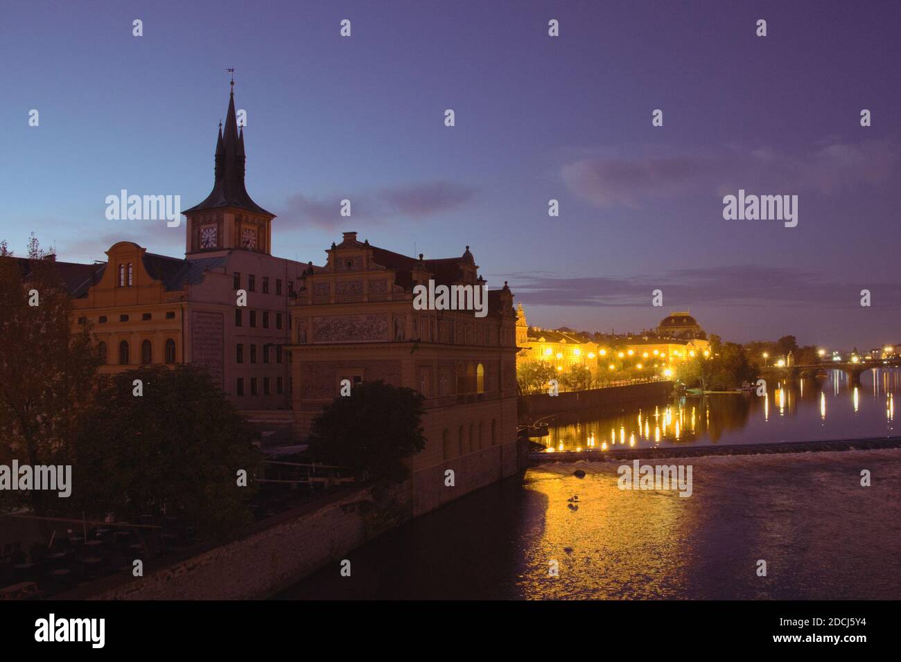 Prague architecture at dawn. Ancient houses on the banks of the Vltava ...