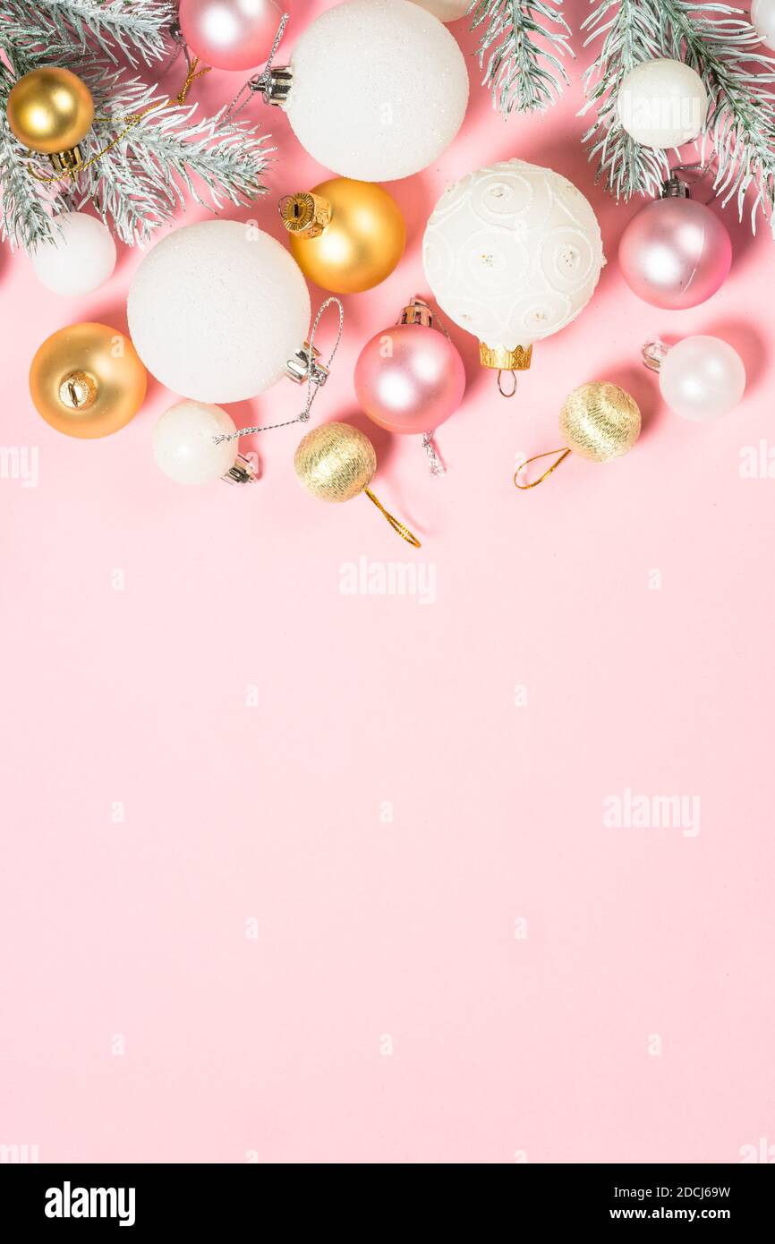Christmas pink flat lay background with holiday decorations Stock Photo ...