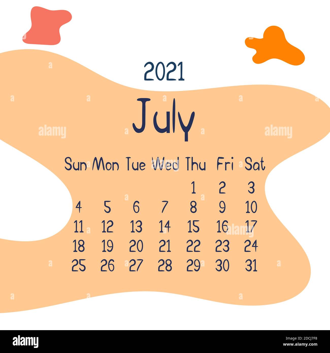 2021 july calendar with abstract shapes on background. Colorful modern ...