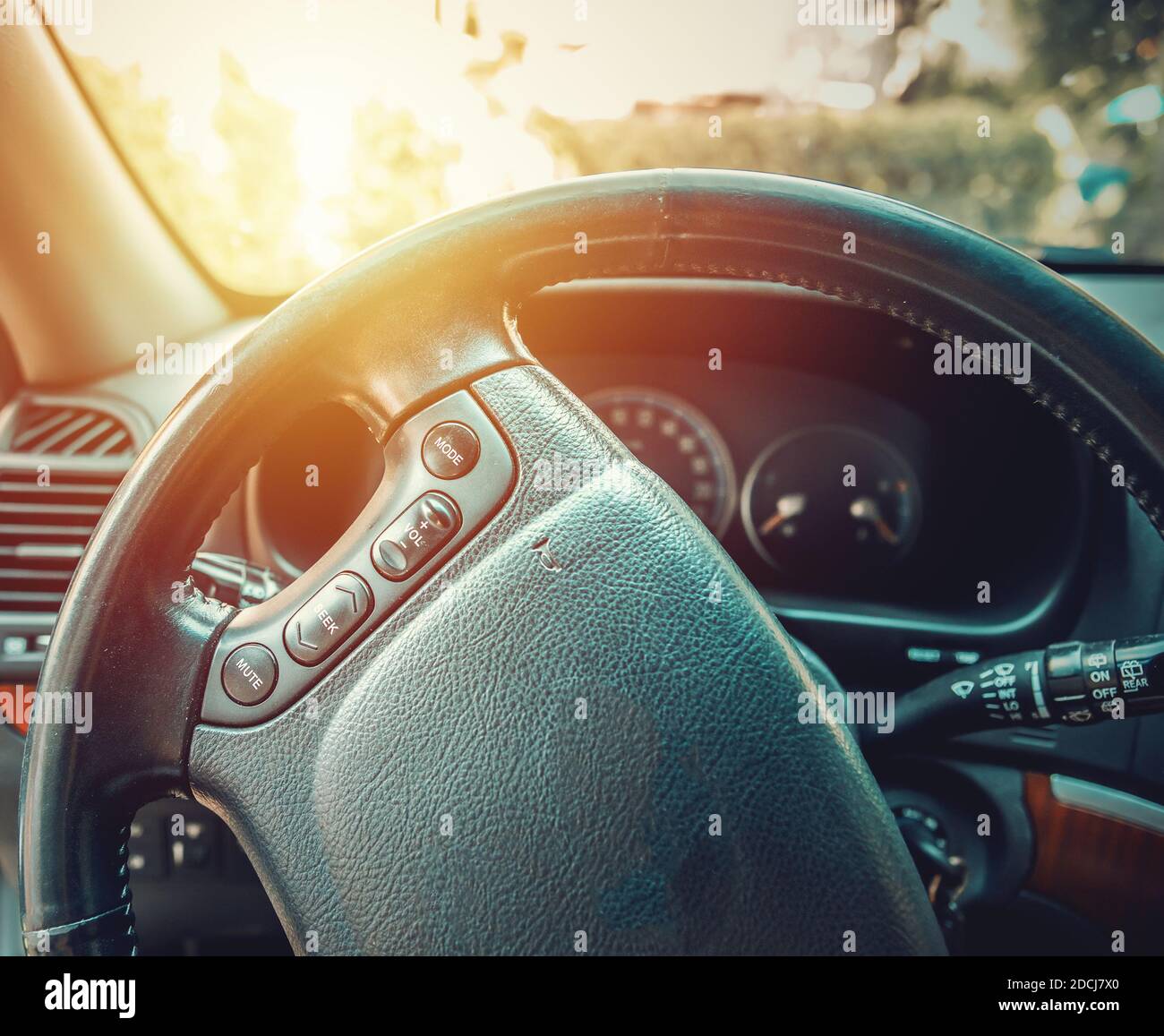 Close up of a modern SUV steering wheel with audio control Stock Photo ...