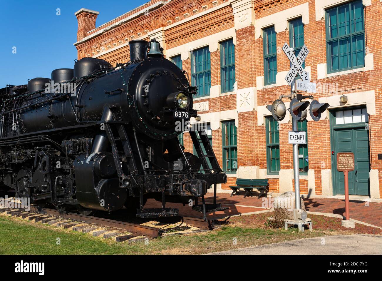 Old train locomotive in small Midwest town. Amboy, Illinois, USA Stock ...