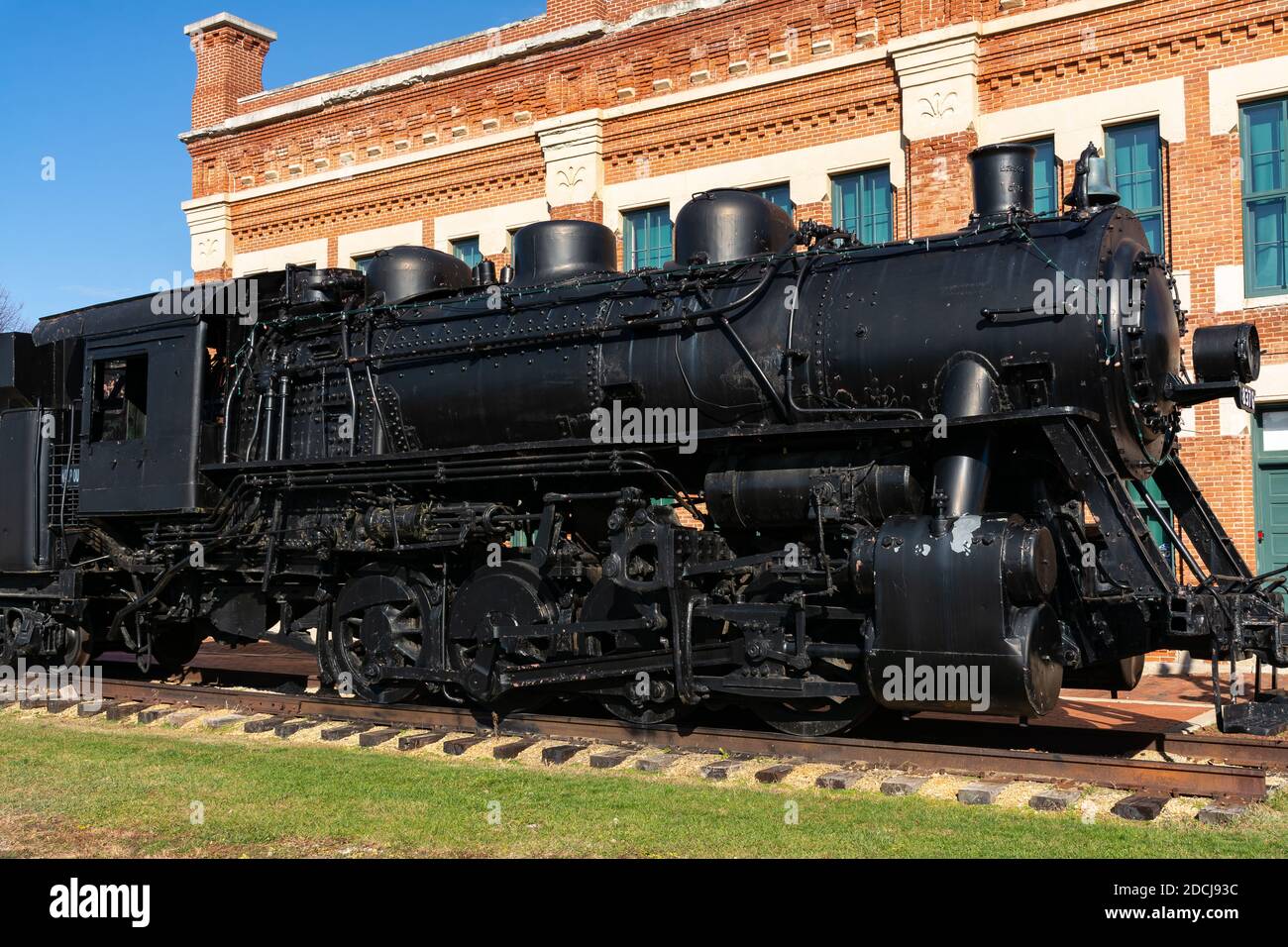 Old train locomotive in small Midwest town. Amboy, Illinois, USA Stock ...