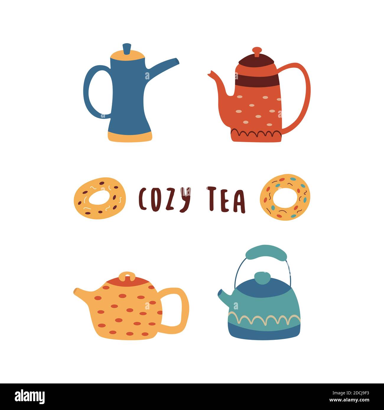 Set of cute teapots with donuts and the inscription cozy tea. Colorful ...