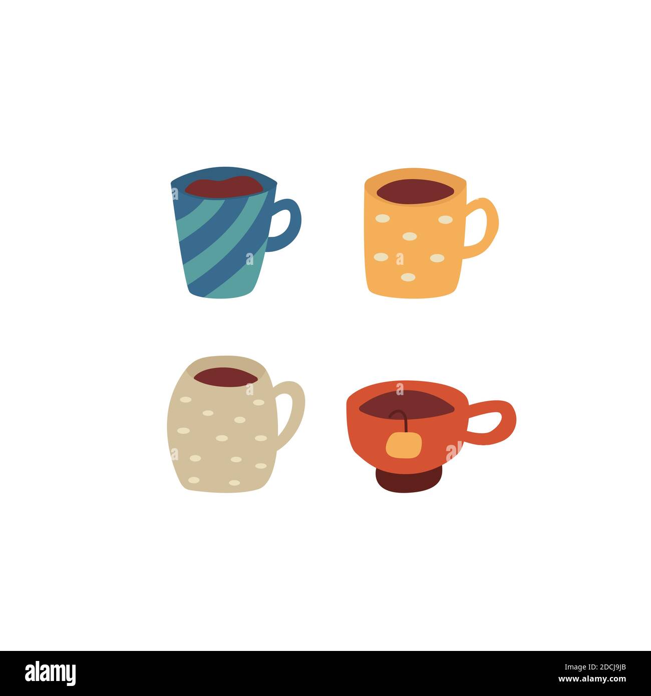 Set of mugs with coffee and tea. Tea bag. Cozy mood. Colorful cartoon ...