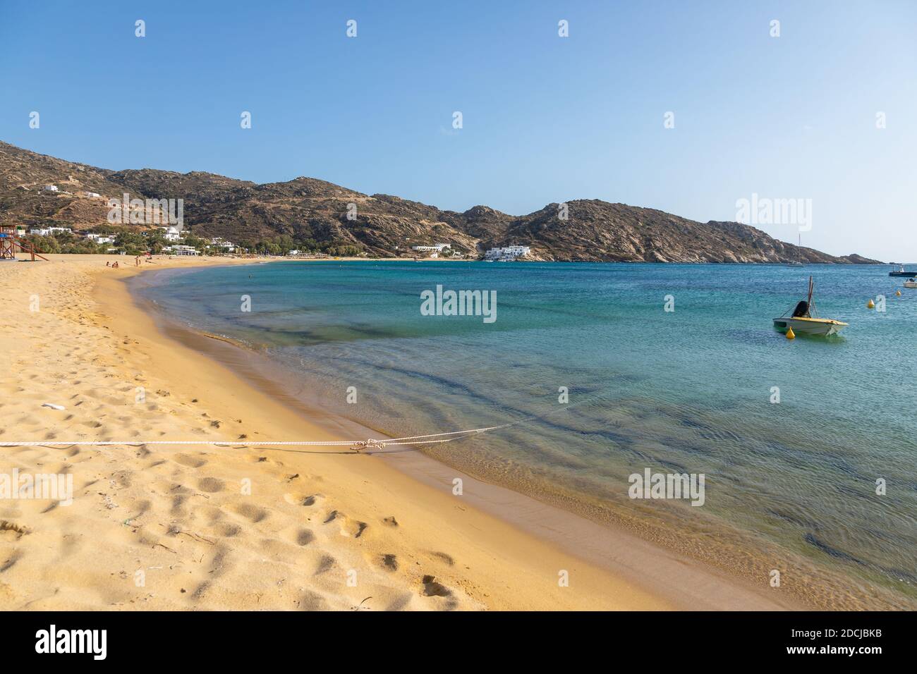 Mylopotas Beach, Ios Island, Greece- 20 September 2020: Boats moored on ...
