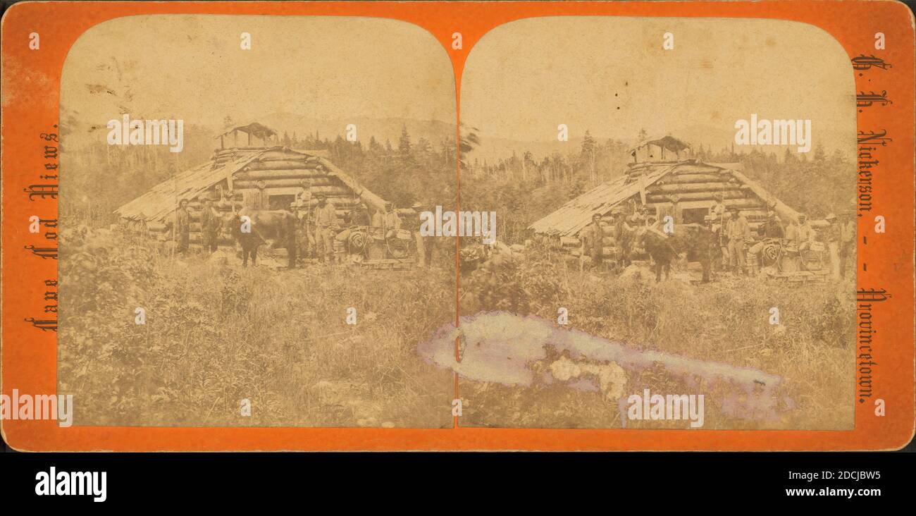 Men with fishing poles, rifles and pistols posed outside a log cabin at ...