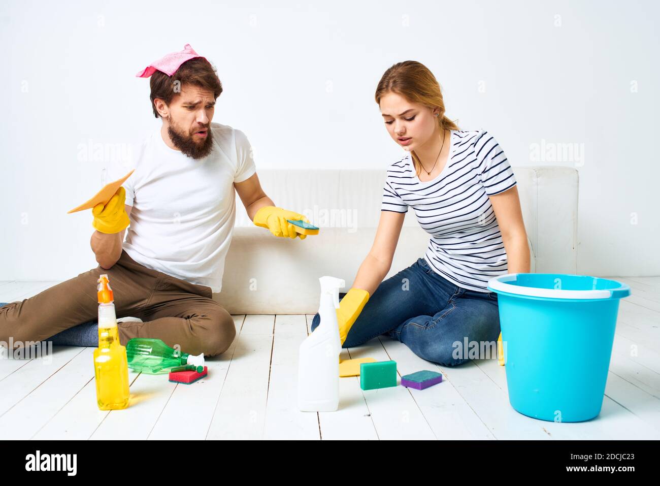 Married couple joint House cleaning service cleaning agent Stock Photo ...