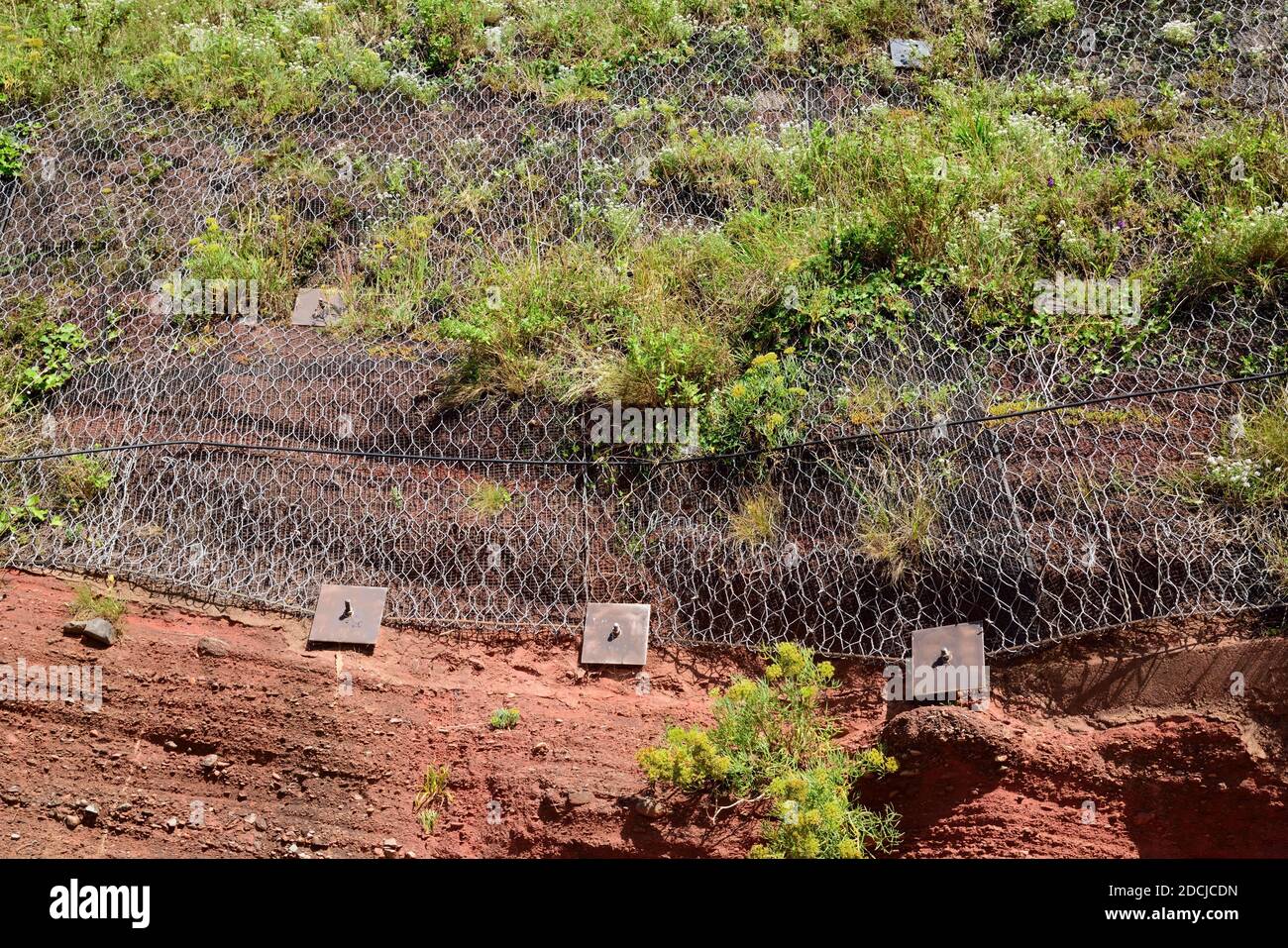 Wire netting fixed to a vertical red sandstone cliff face to prevent ...