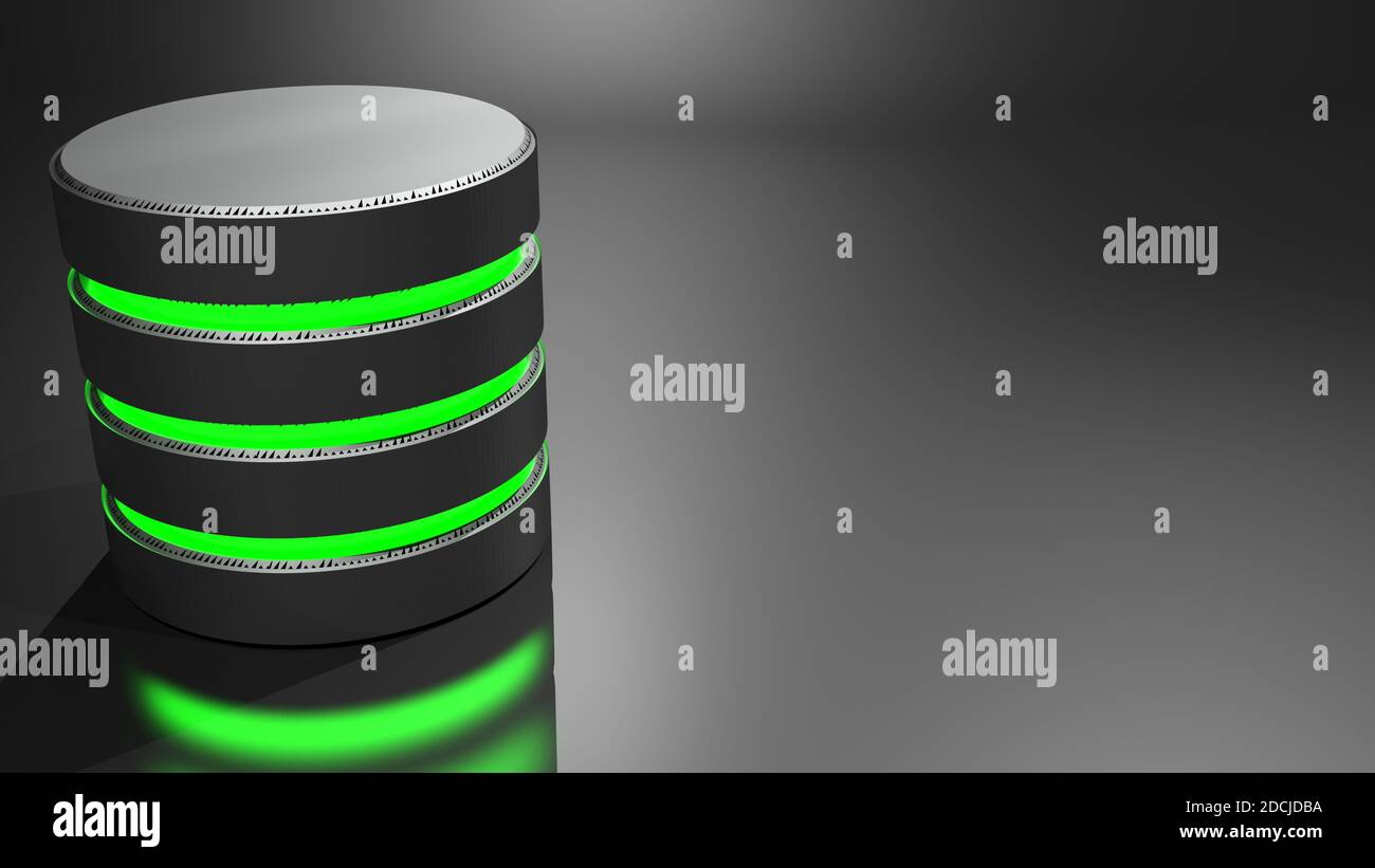 DATABASE technology concept image with metallic disks and green light ...