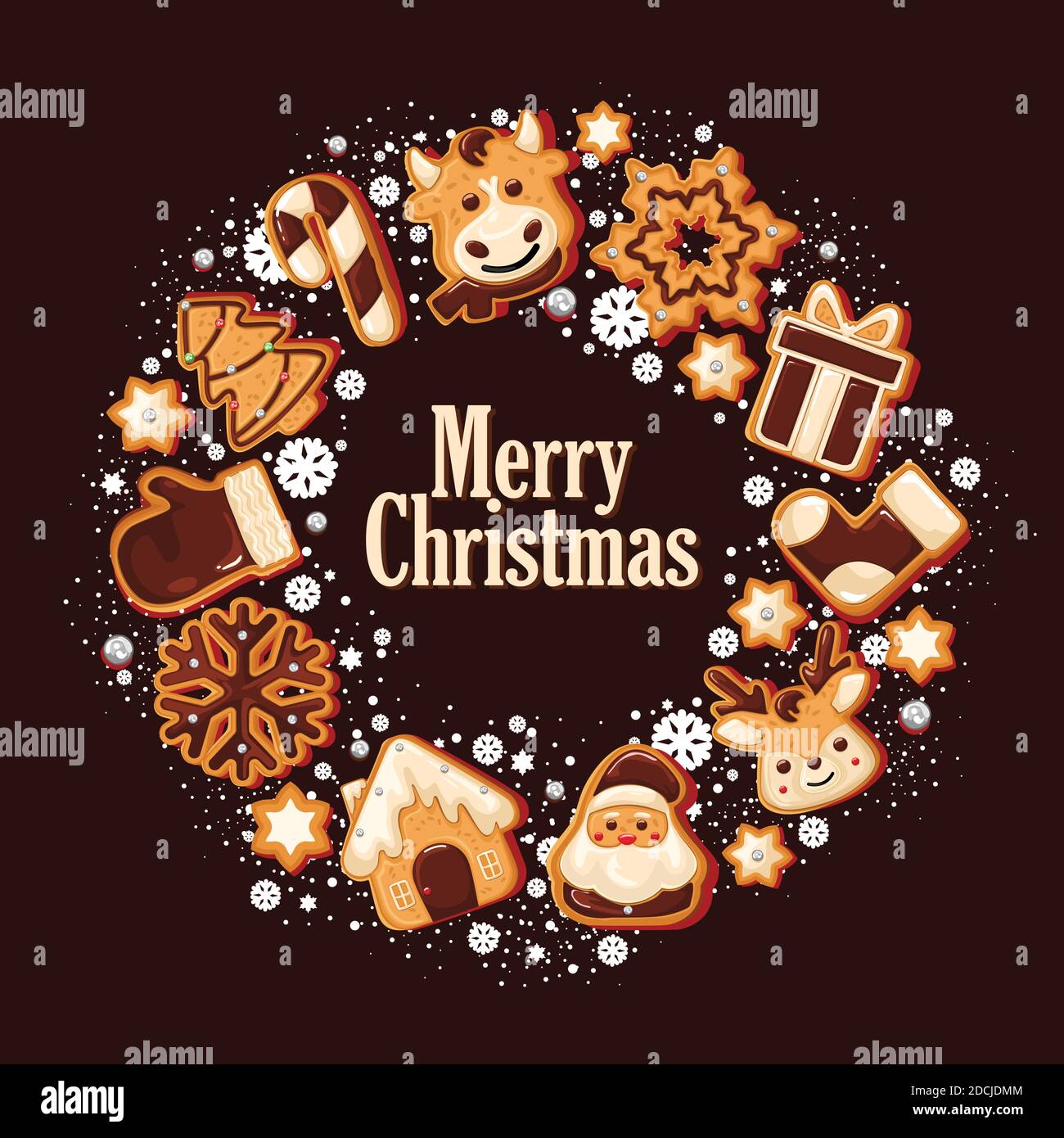 Christmas gingerbread cookies in a round shape, for use as a poster or ...