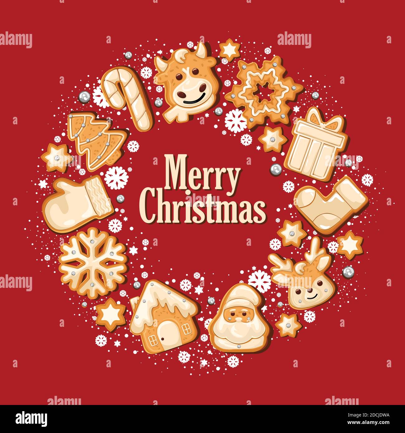 Christmas gingerbread cookies in a round shape, for use as a poster or ...