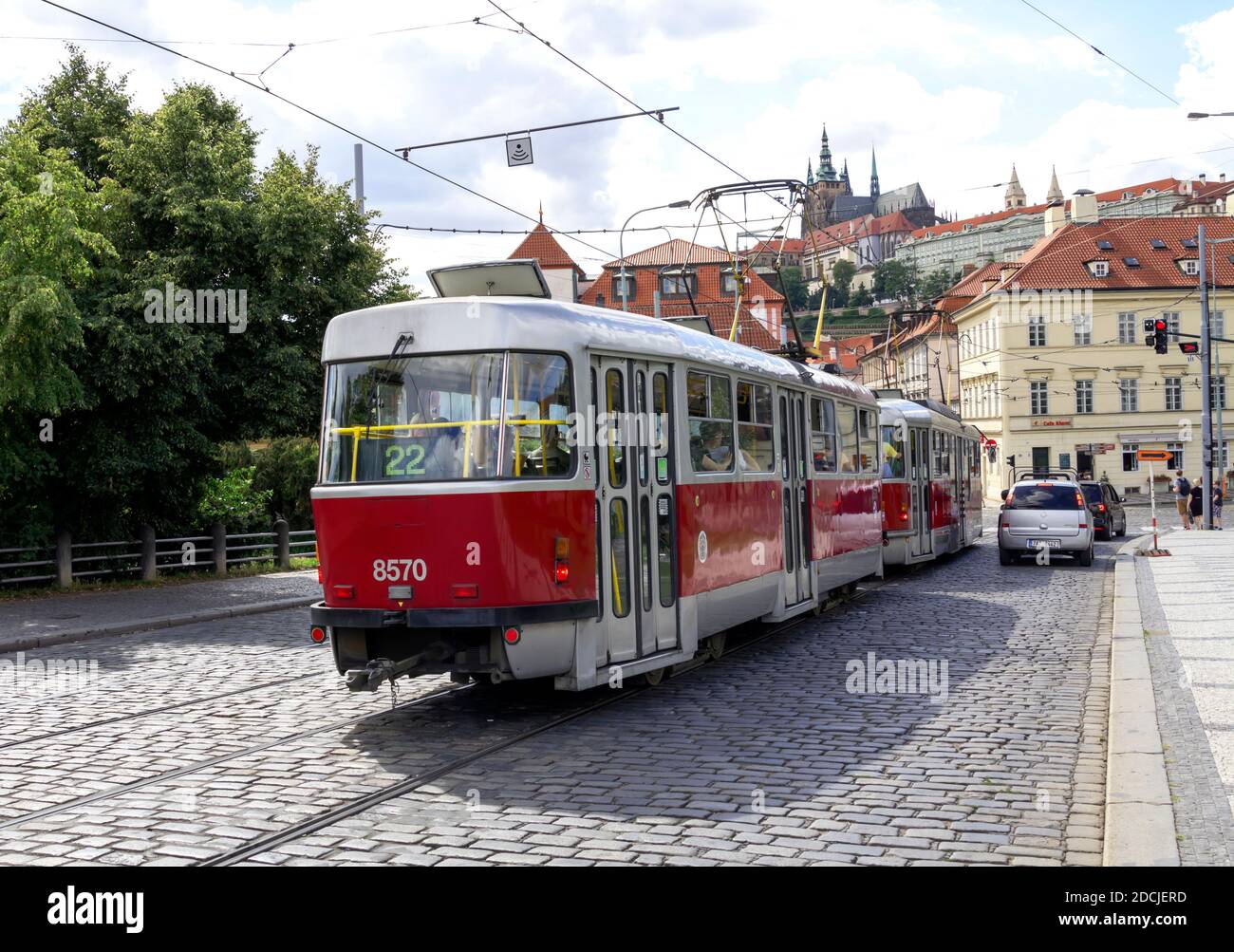 Tram at old street in Prague, Czech Republic, 2016. Prague historical ...