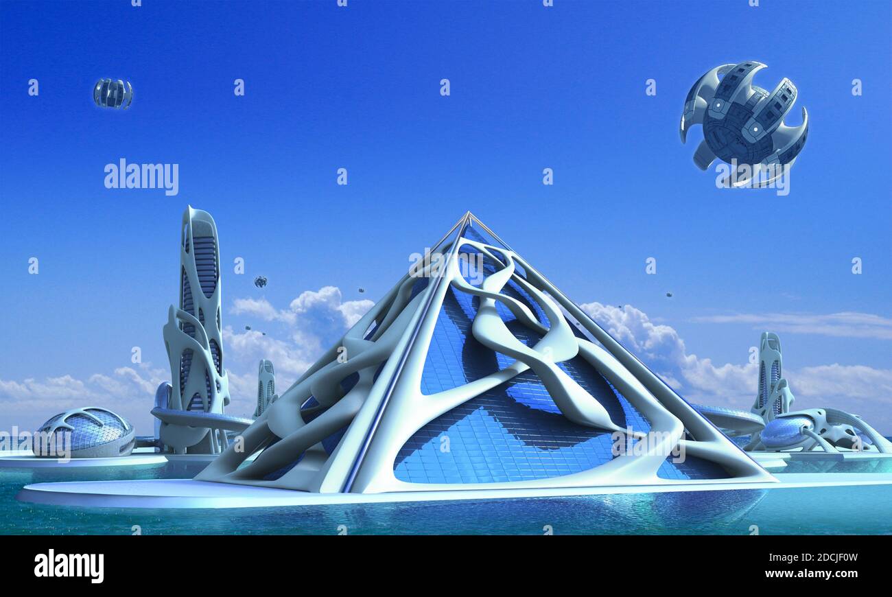 3D futuristic city architecture with a glass pyramid and towers ...