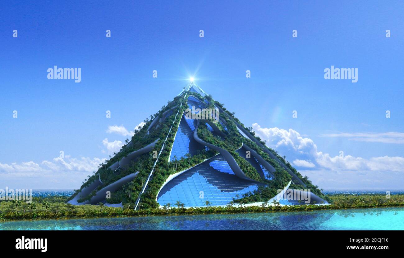 3D futuristic green architecture with a glass pyramid enclosed in vine ...