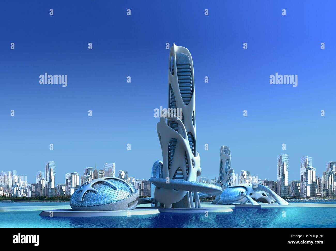 3D futuristic city with an organic high rise architecture against a ...