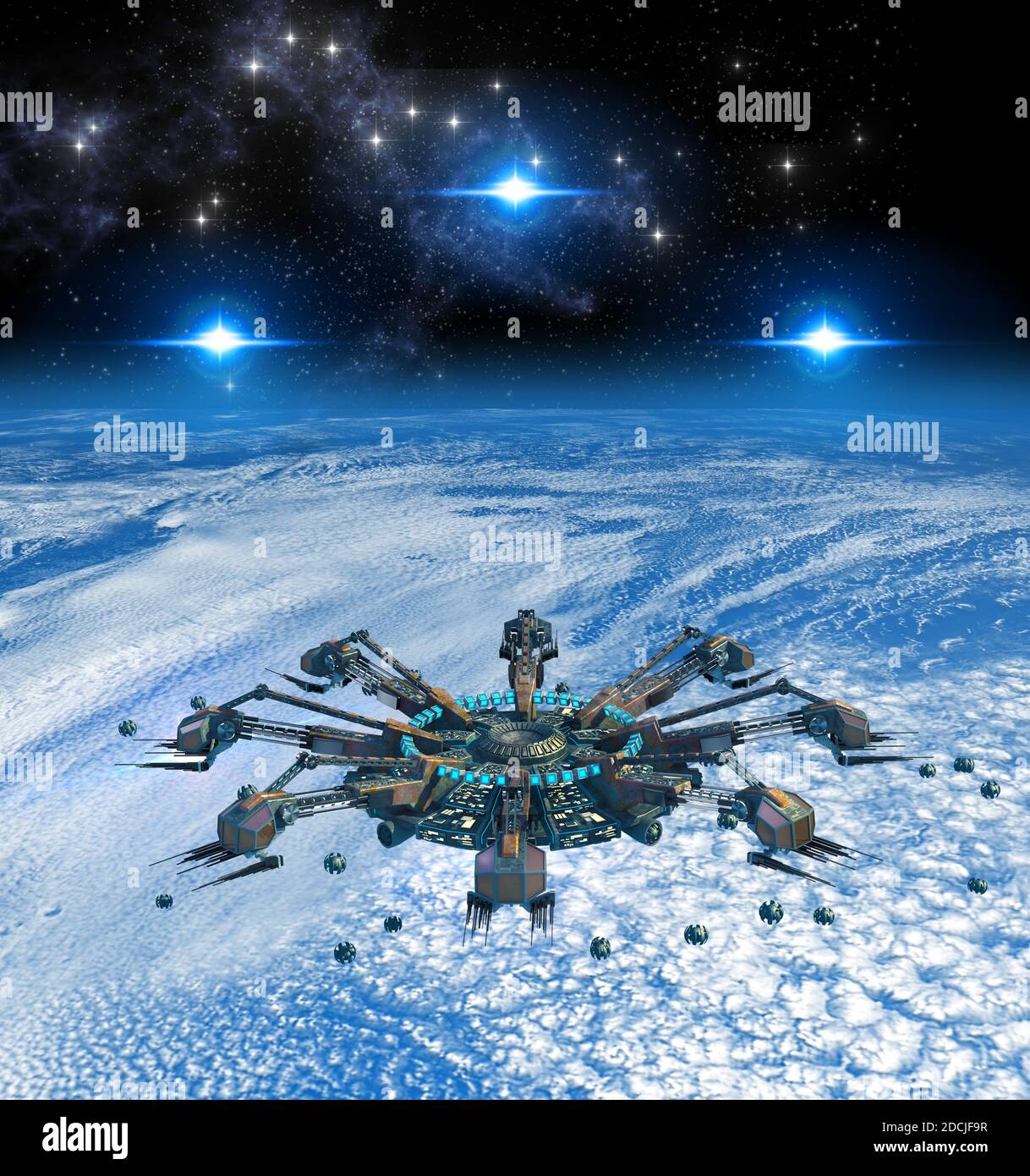 3D Rendering of spider-like alien spaceships in a battle above Earth ...