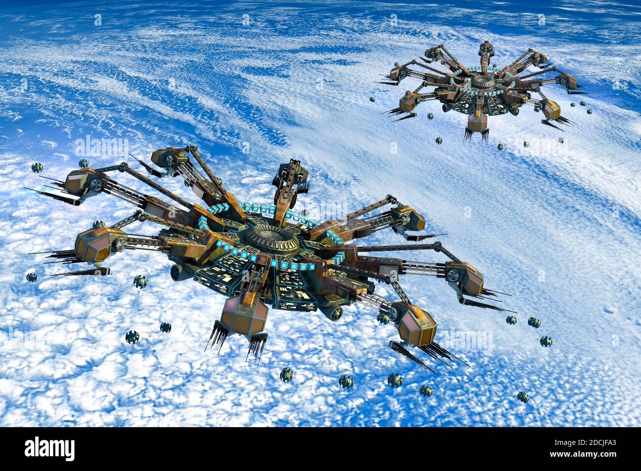3D Rendering of spider-like alien spaceships and drones above Earth ...
