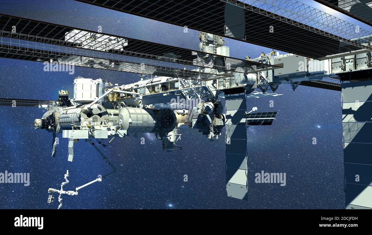 3D Rendering of the International Space Station flying above Earth ...
