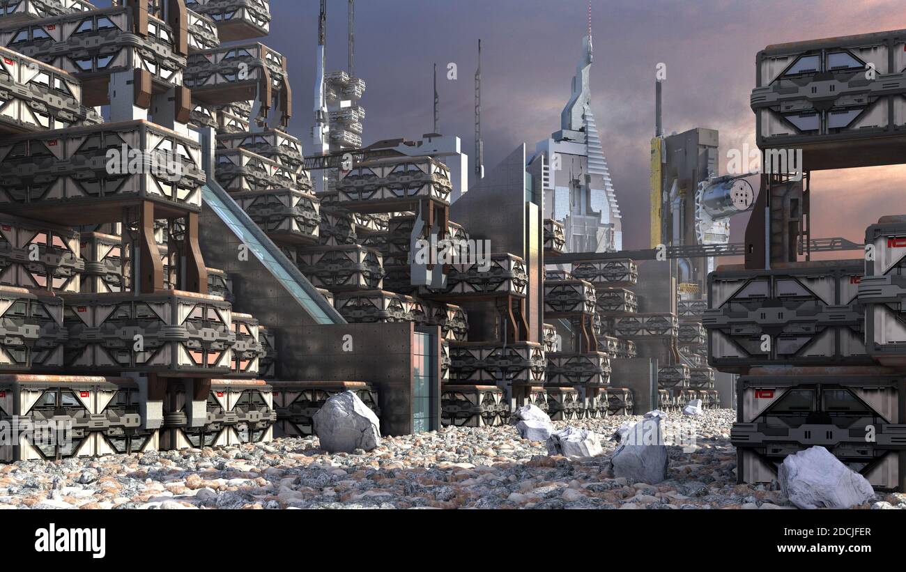 3D Illustration of a futuristic settlement, with a modular, technologic ...