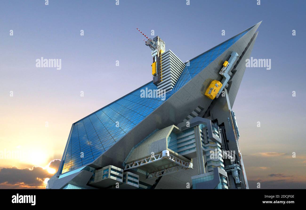 3D Illustration of a futuristic building from a dramatic angle, with a ...