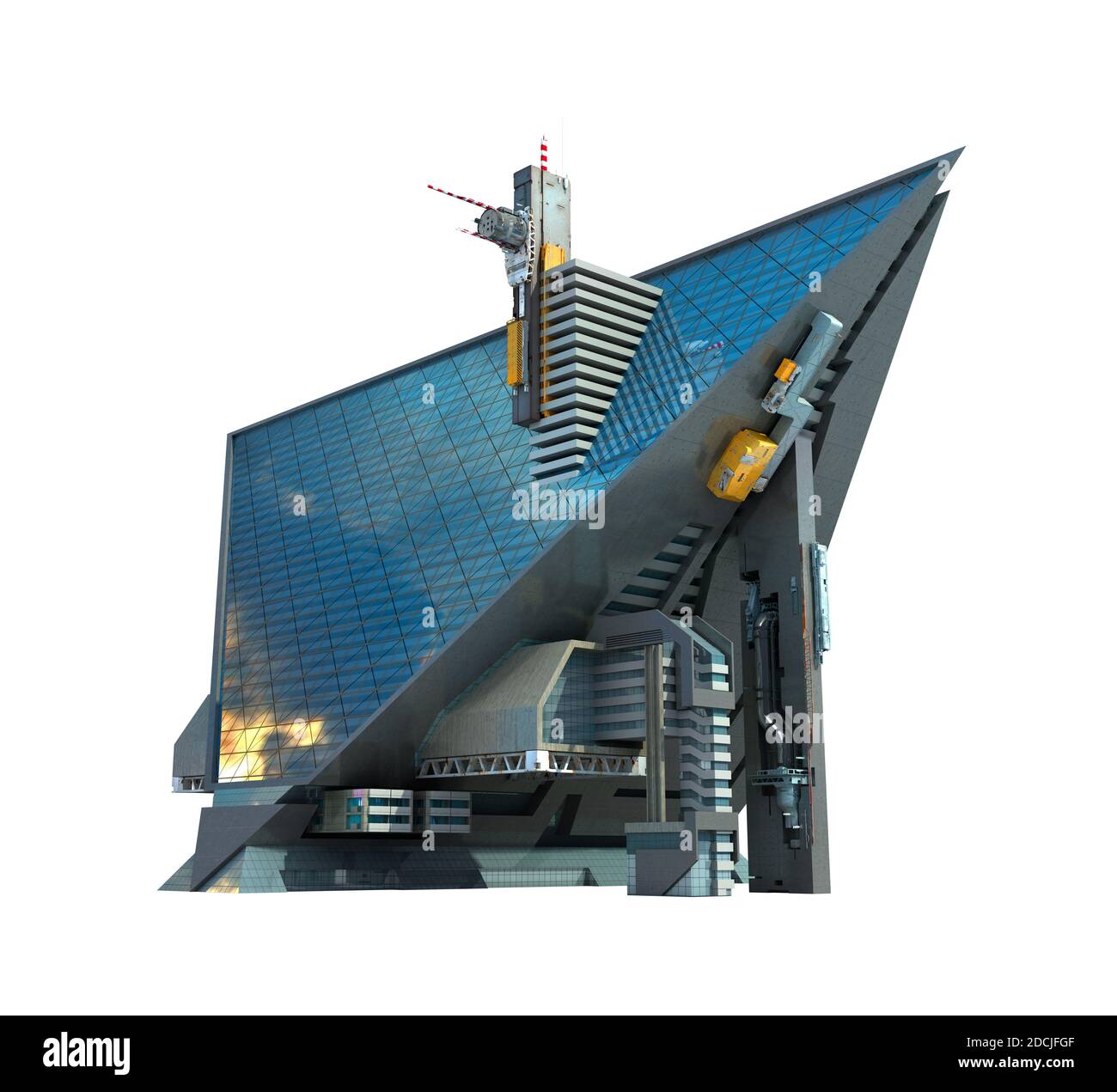 3D Illustration of a futuristic building in a triangular shape, with a ...