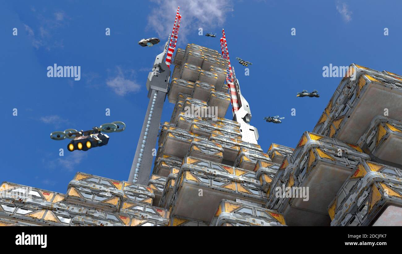 3D Illustration of a futuristic skyscraper, from a dramatic angle, with ...