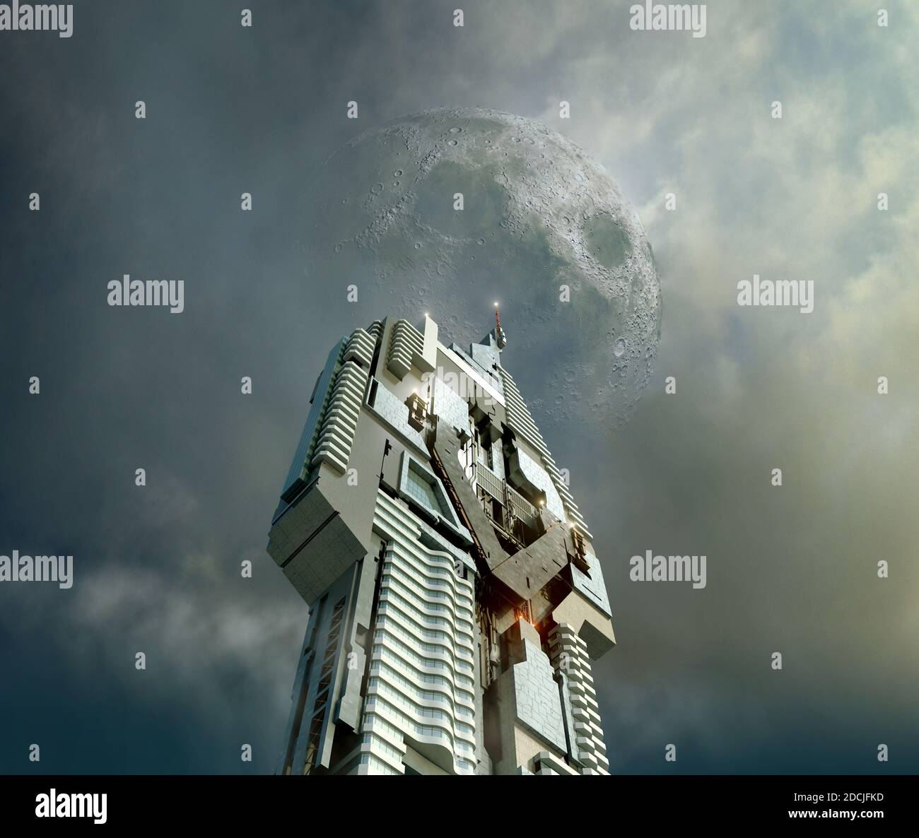 3D Illustration of a futuristic city skyscraper, from a dramatic angle ...