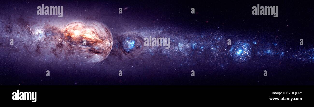 3D Illustration of deep space formations with bulging universes on a ...