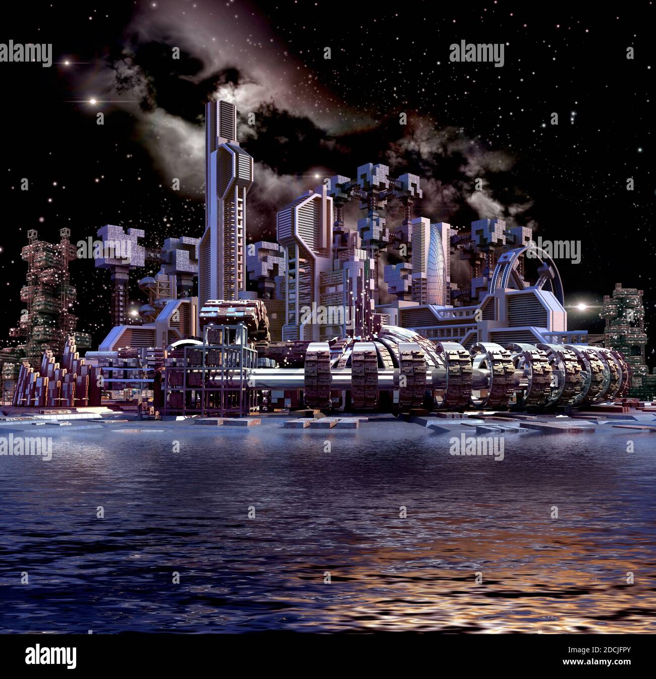 3D Illustration of a nightscape futuristic city, with modular ...