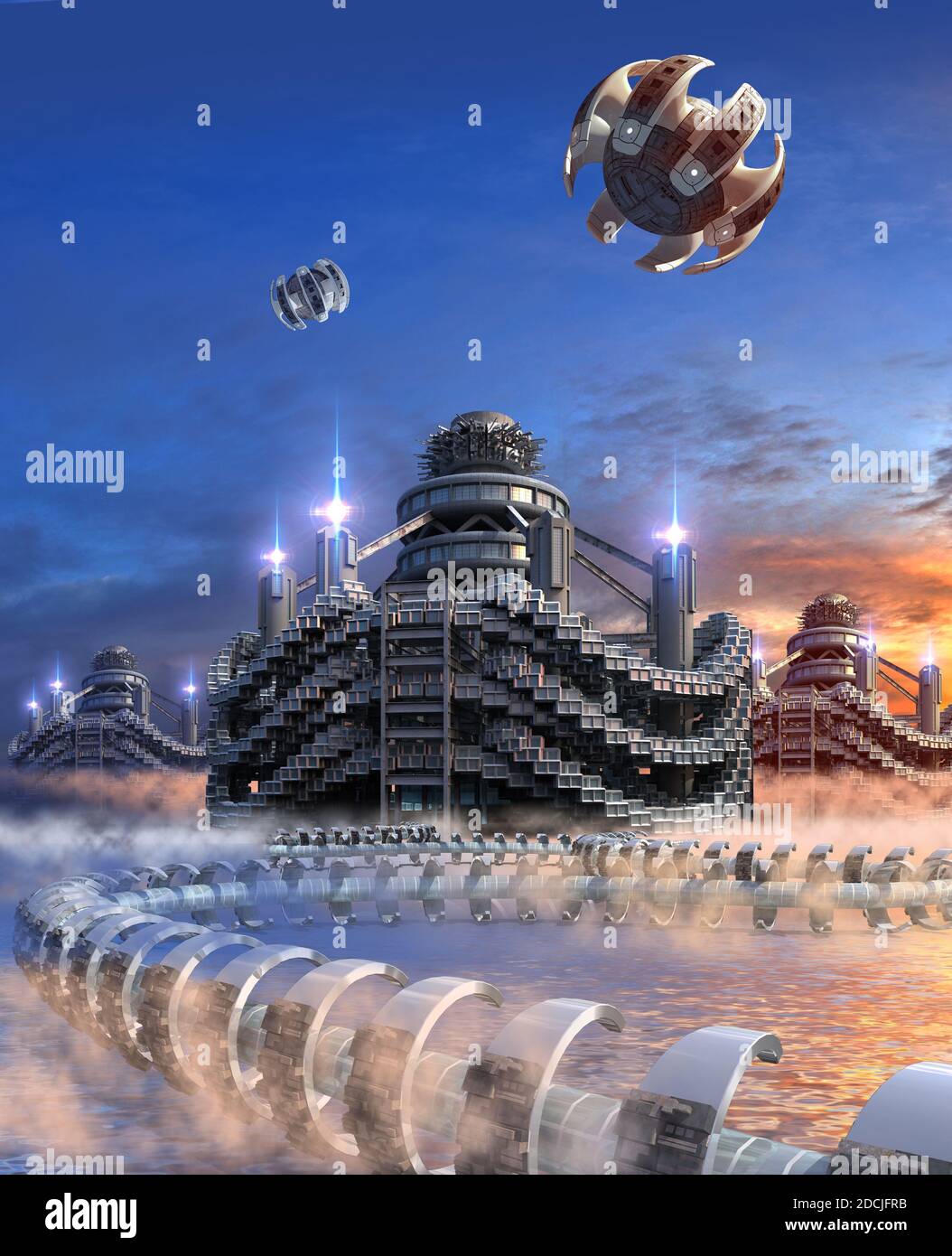 3D Illustration of a futuristic city with modular architecture, water ...