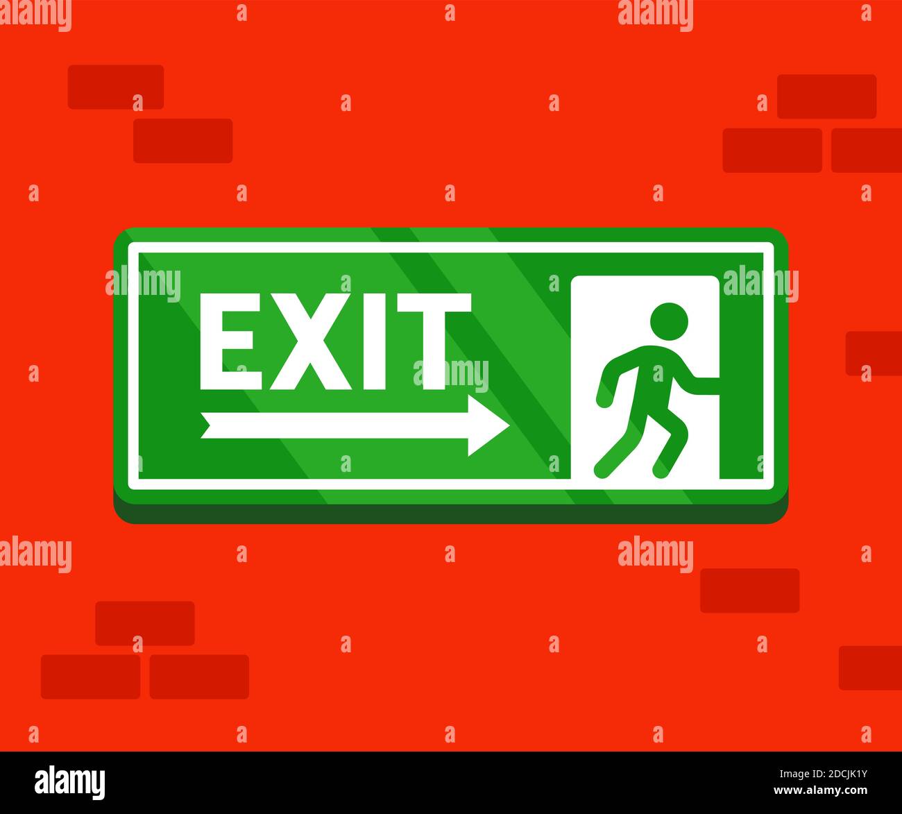 fire evacuation sign. The safe exit sticker hangs on a brick wall. flat ...